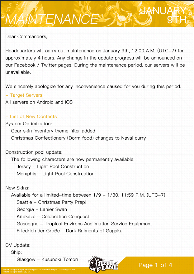 Maintenance Notice – 1/9, 12 A.M (UTC-7)